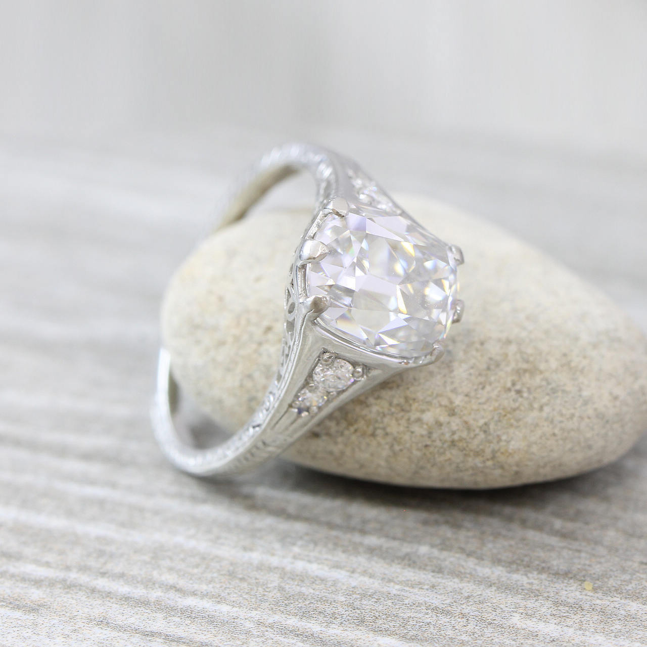 Cushion Moissanite and diamond engagement ring art deco | Etsy