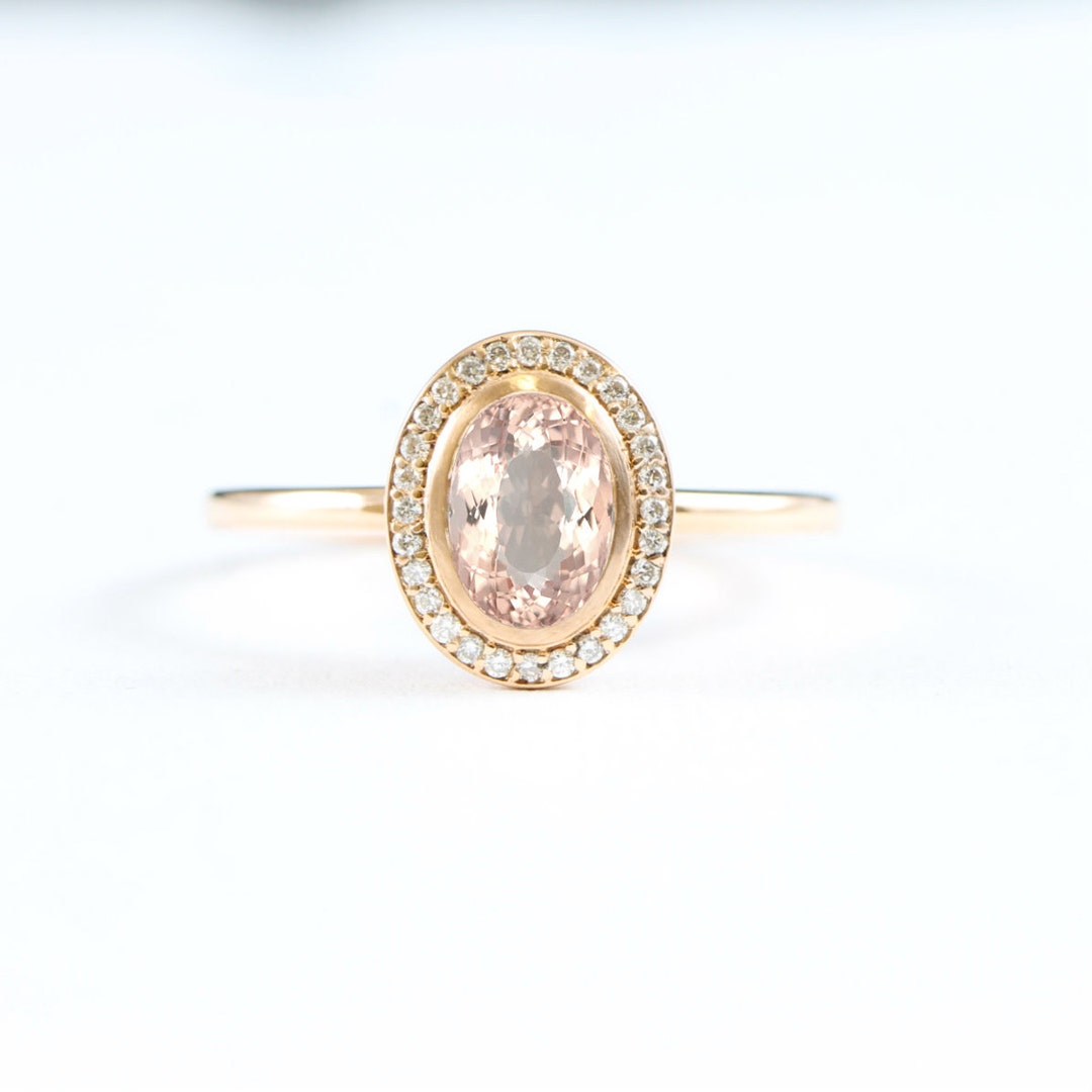 Morganite and Diamond Halo Engagement Ring Handmade in 14 - Etsy
