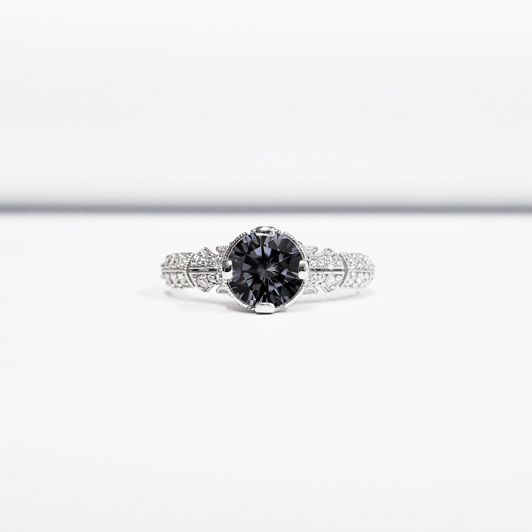 Antique inspired midnight moissanite and diamond engagement | Etsy