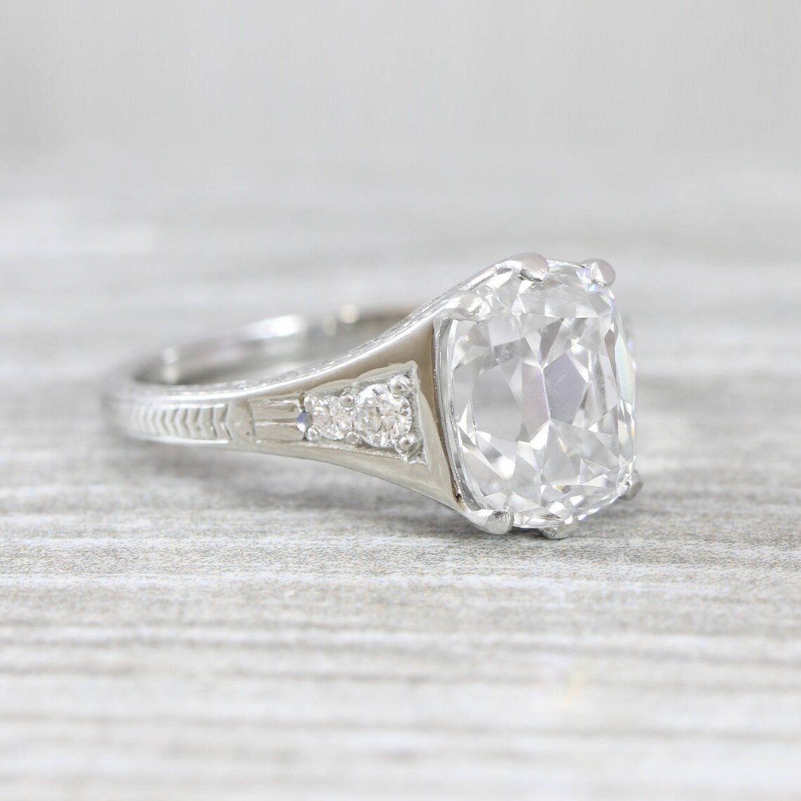 Cushion Moissanite and diamond engagement ring art deco | Etsy