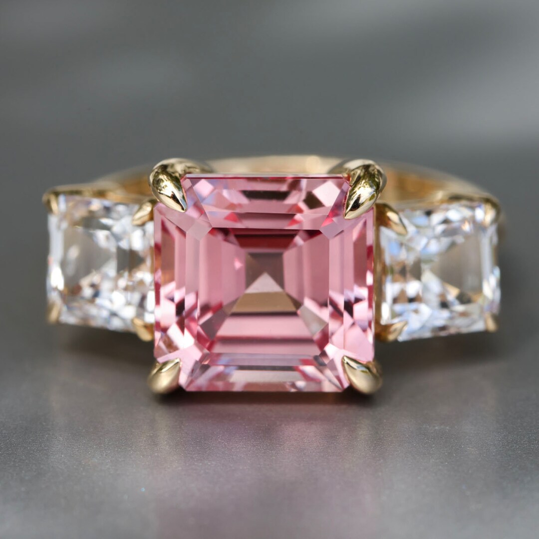 Asscher Cut Pink Sapphire Three Stone Ring in 14k Yellow Gold Asscher ...