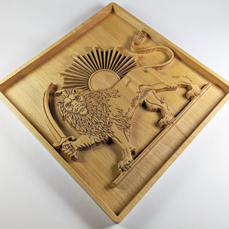 Lion & Sun Symbol Wood Relief – Persian Heritage Wall Art, Handmade in ...