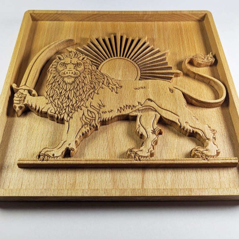 Lion & Sun Symbol Wood Relief – Persian Heritage Wall Art, Handmade in ...