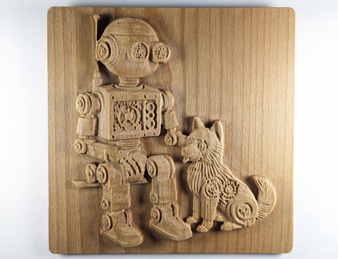 Futuristic Robot & Dog 3D Engraved Wall Art, Sci-fi Wood Carving ...