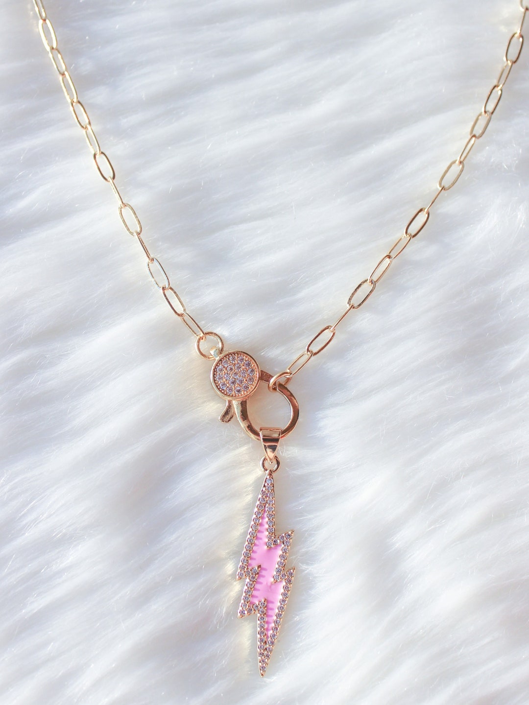 Hot Pink Lightning Bolt Charm Necklace With Paperclip Chain and Pavé ...