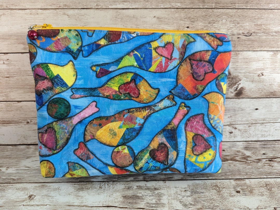 Colorful Birds, Blue Background, Cotton Lined Cosmetics Toiletries ...