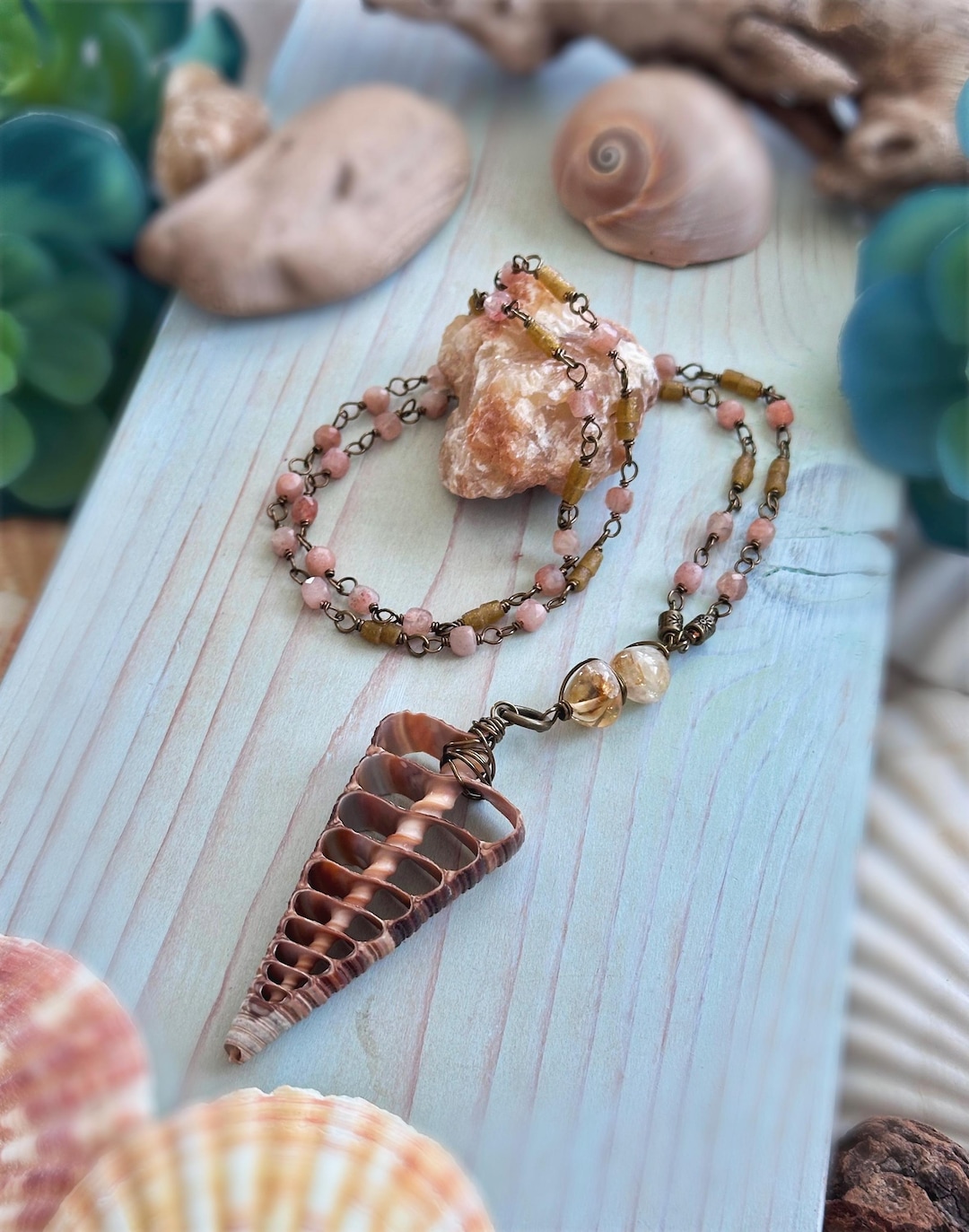 Beaded Mermaid Shell Necklace - Center Cut Telescopium Auger Seashell ...