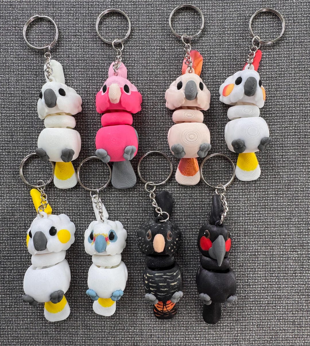 3D Printed Cockatoo Keychains. Choose From Moluccan, Sulfer-crested, Citron, Umbrella, Goffin ...
