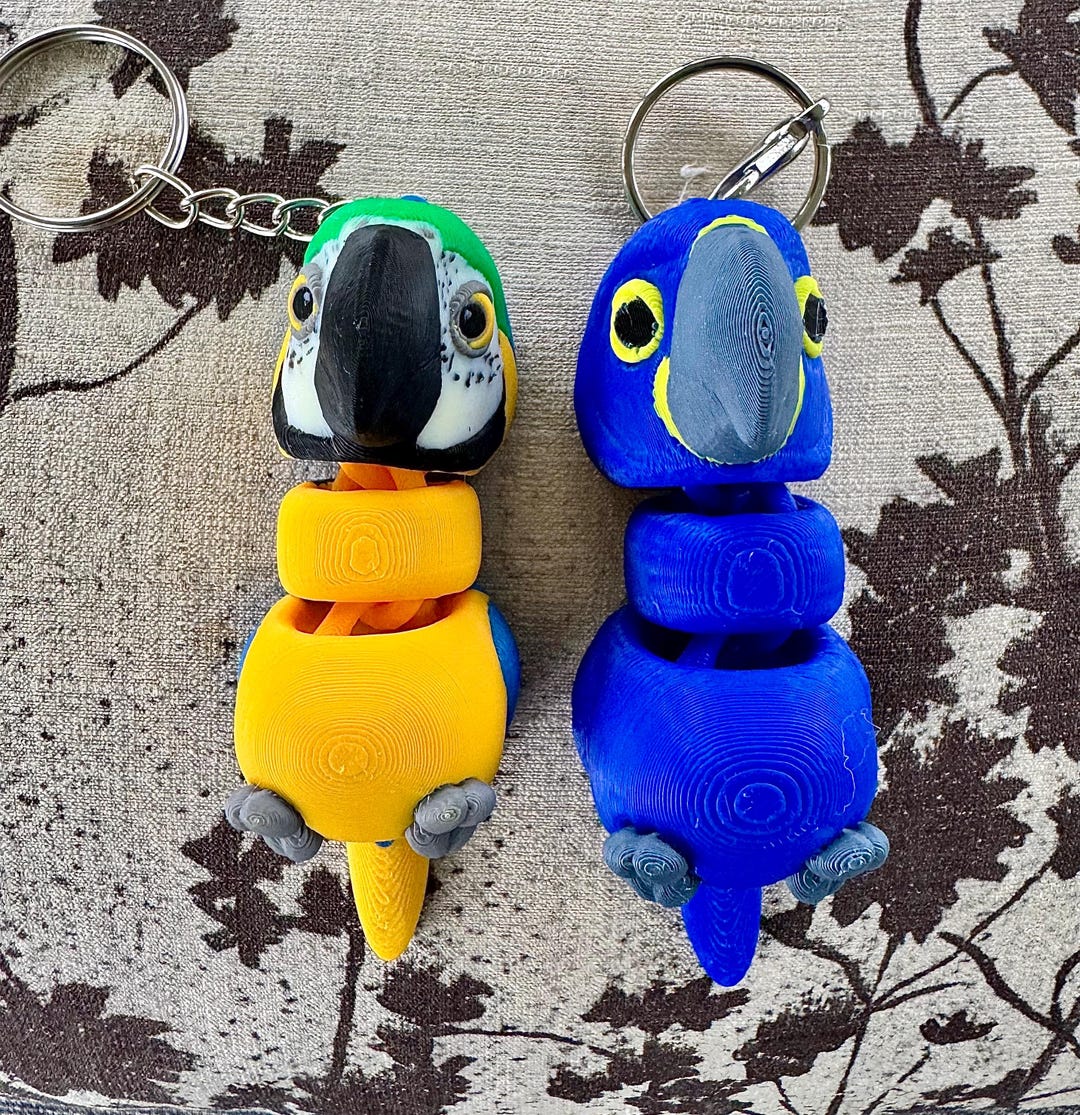 3D Printed Parrot Keychains. Choose From Hyacinth Macaw, Blue and Gold ...