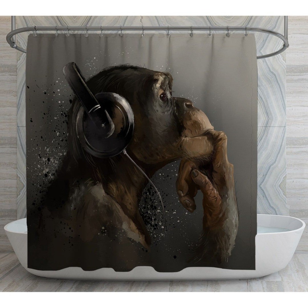 Monkey Shower Curtains Chimpanzee Music Lover Bathroom Decor Dark Gray ...