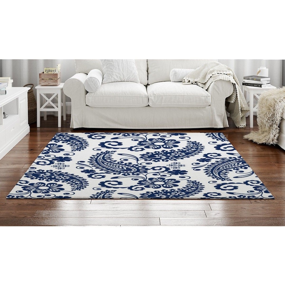 Paisley Rugs Flower Pattern Carpets Blue and White Floor Mats Boho ...