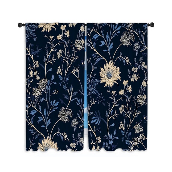 Navy Floral Window Curtains Blue and Black Drapes Flower Curtain Blue Floral Curtain Panel Dark Blue Curtains Botanical Window Curtains Etsy