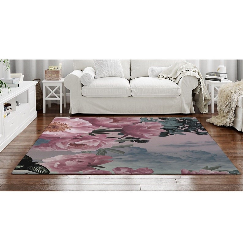 Peony Rugs Pink Peonies and Butterfly Living Room Area Rug - Etsy