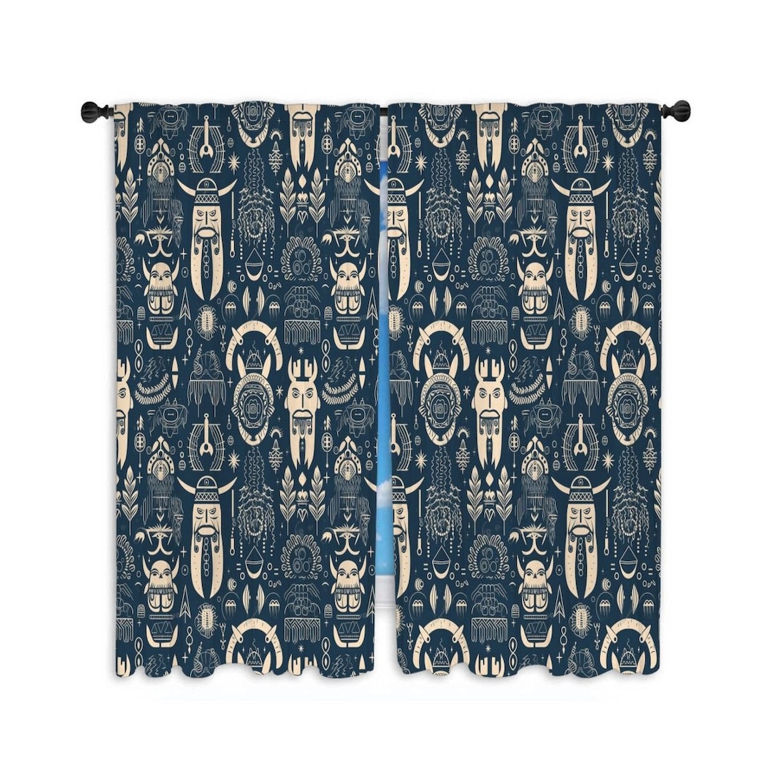 Viking Window Curtain, Nordic Curtains, Blue and Beige Curtain Panel ...