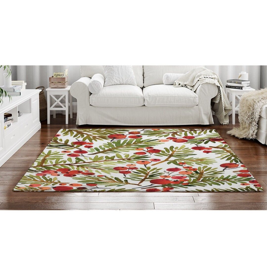 Watercolor Rugs Red Holly Berries Area Rug Green and Red Area Rugs ...