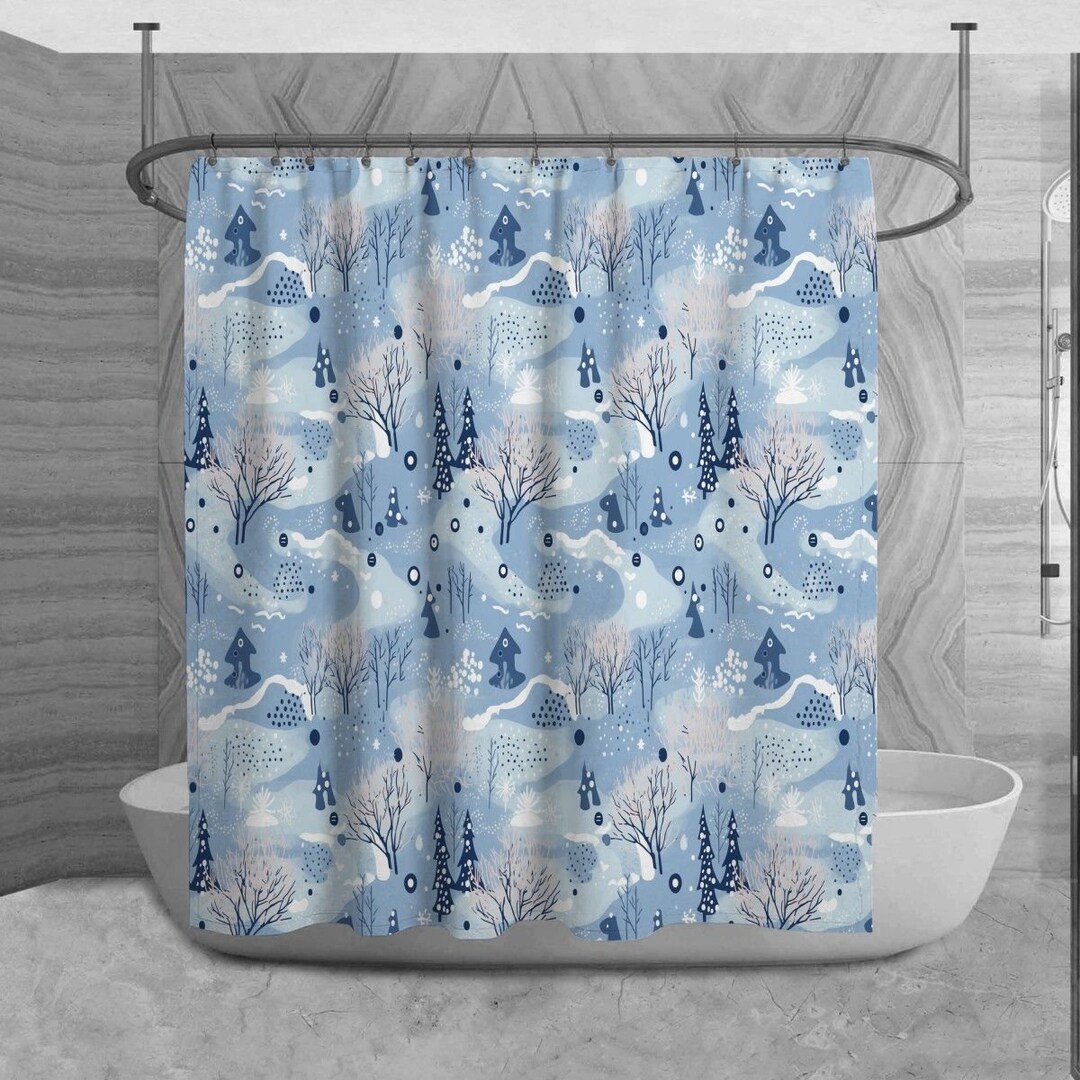 Snow Shower Curtain, White Christmas Bathroom Decor, Blue and White ...