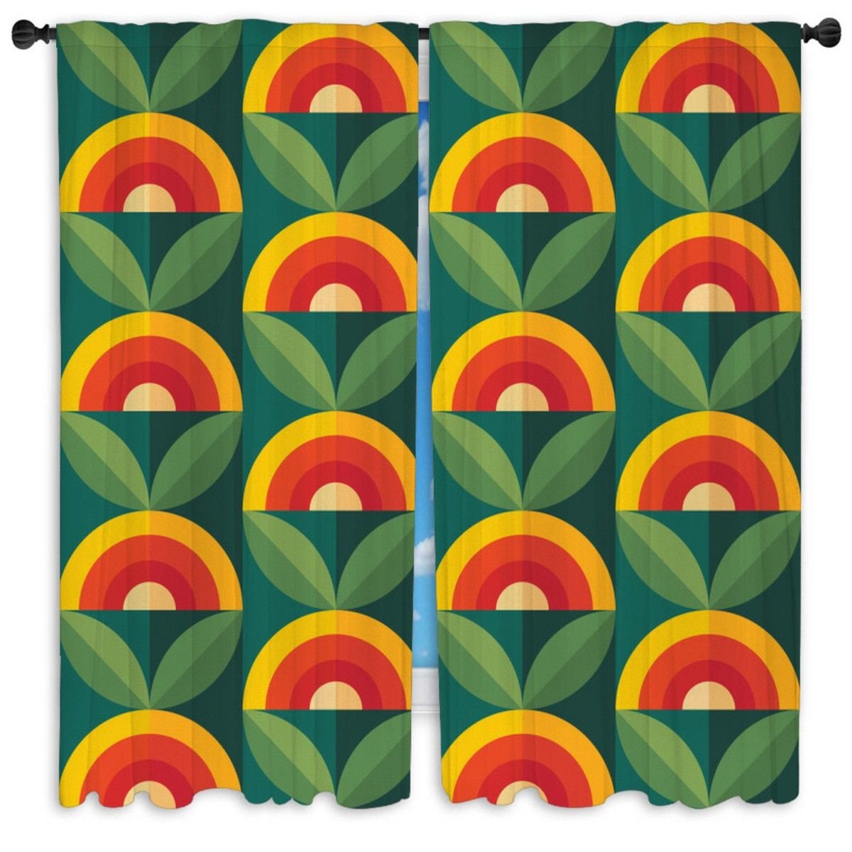 Geometric Window Curtains Retro Curtains Green Curtains | Etsy