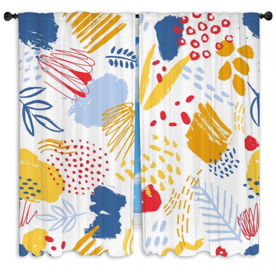 Artsy Window Curtain: Bright Artistic Pattern, White & Blue Drapes - Etsy