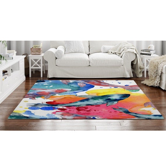 Tropical Fish Rugs Fish in Watercolor Area Rug Blue Pink and | Etsy