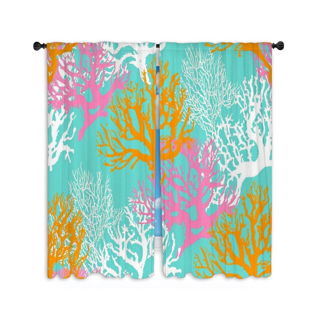 Coral Reef Window Curtain: Aqua, Pink & Orange Coastal Drapes - Etsy