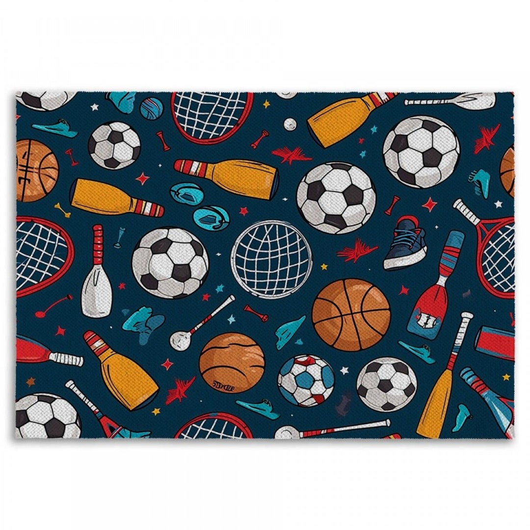 Sports Rugs Variety of Sports Ball Icons Floor Mats Boys Bedroom Area ...