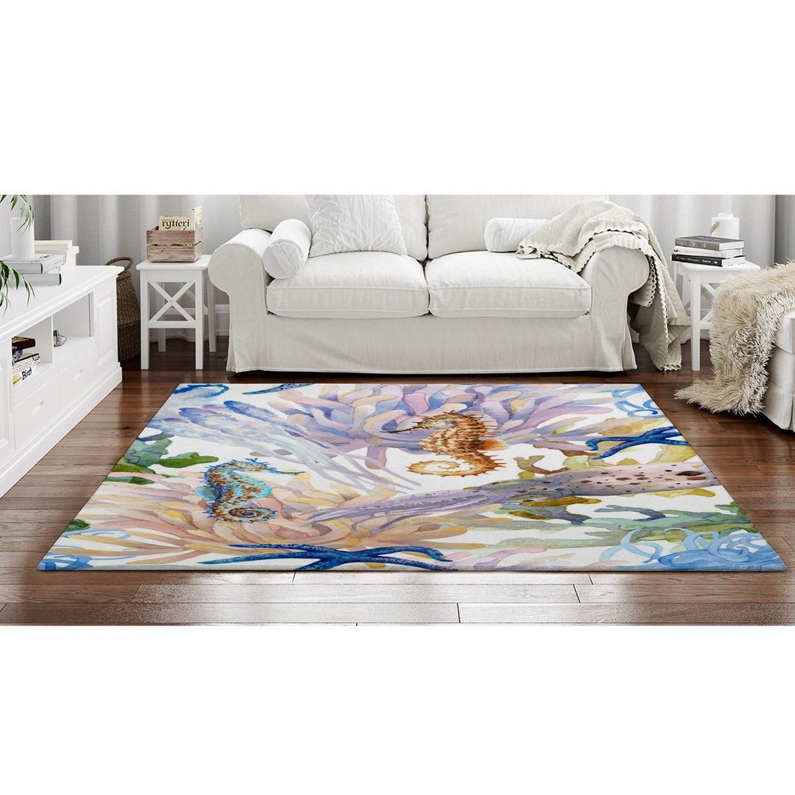 Seahorse Rugs Seahorses and Corals Area Rug Blue Orange and - Etsy