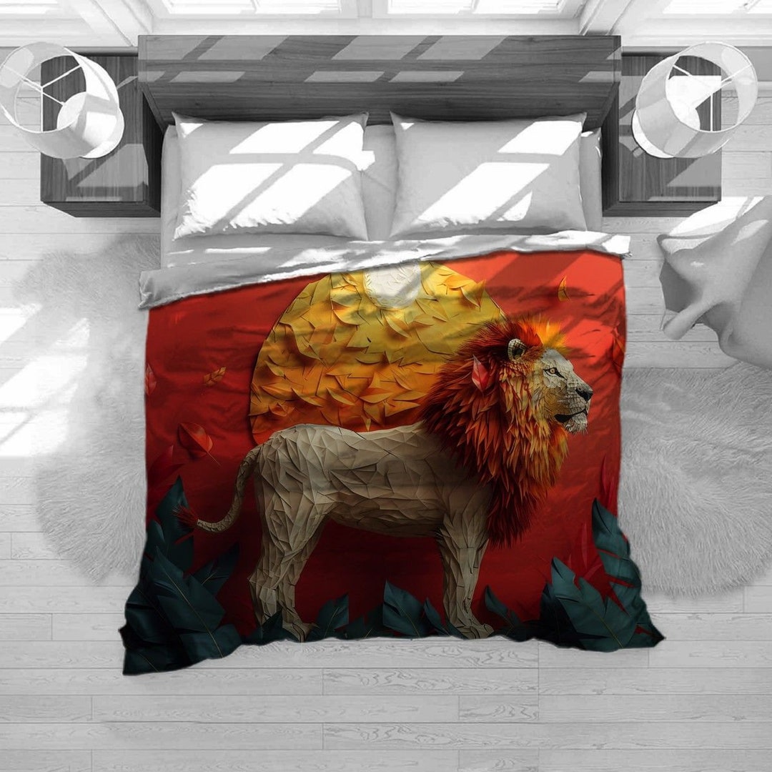 Lion Art Bedding, Wildlife Bedding Set, Low Poly Comforter, Modern ...