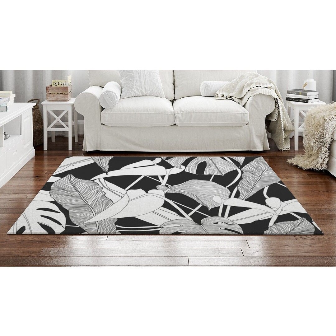 Black and White Tropical Leaf Area Rug Leaf Area Rug Black and - Etsy
