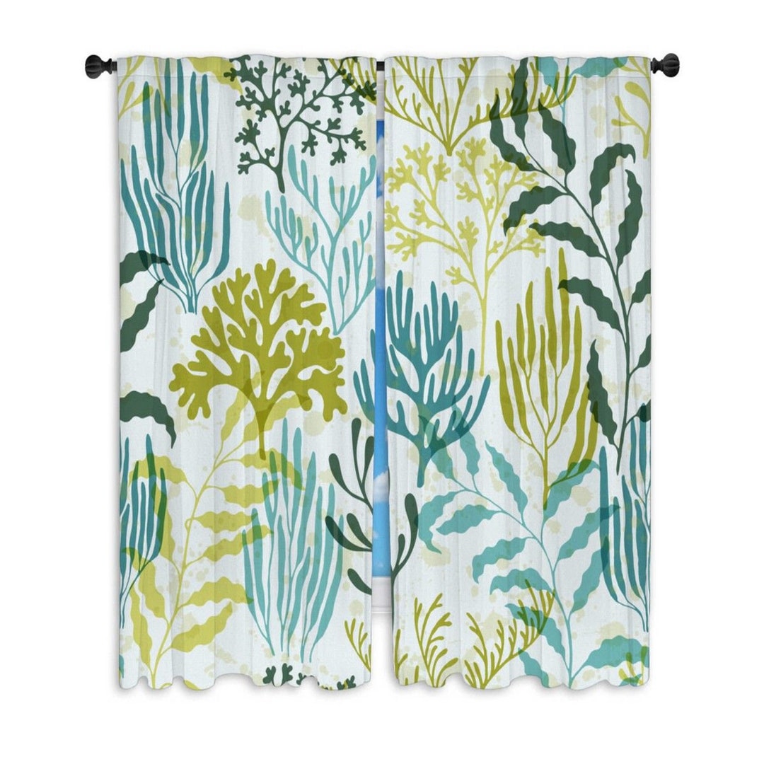 Seaweed Print Window Curtain: Green, Blue, and Teal Ocean Drapes - Etsy