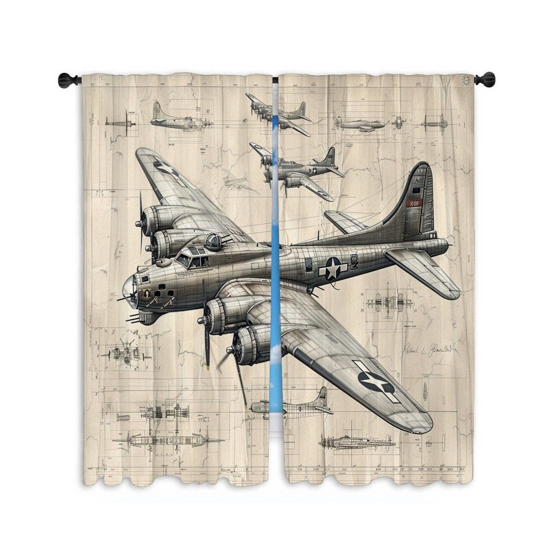 Vintage Airplane Window Curtain: Aviation Sketch Panel, Technical Home ...