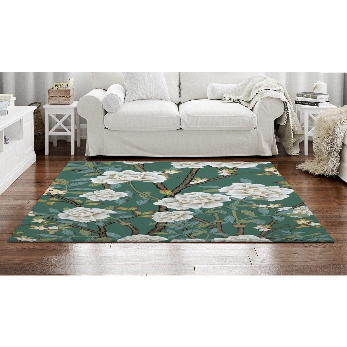 Emerald Green Rugs Floral Rug Emerald Green Chinoiserie Area | Etsy