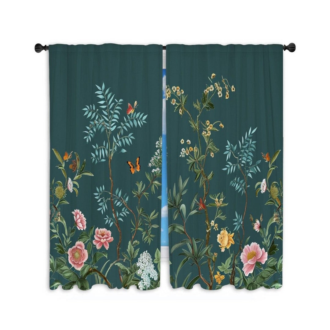 Chinoiserie Window Curtains Flowers and Butterflies Curtains Teal ...