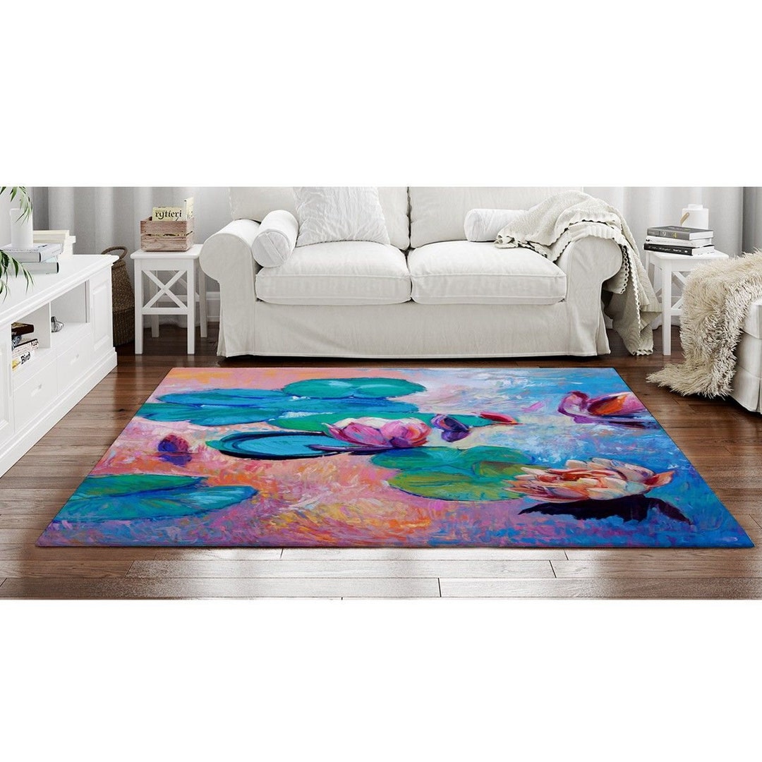 Water Lily Rugs Water Lily and Lotus Art Area Rug Blue and Pink Area ...