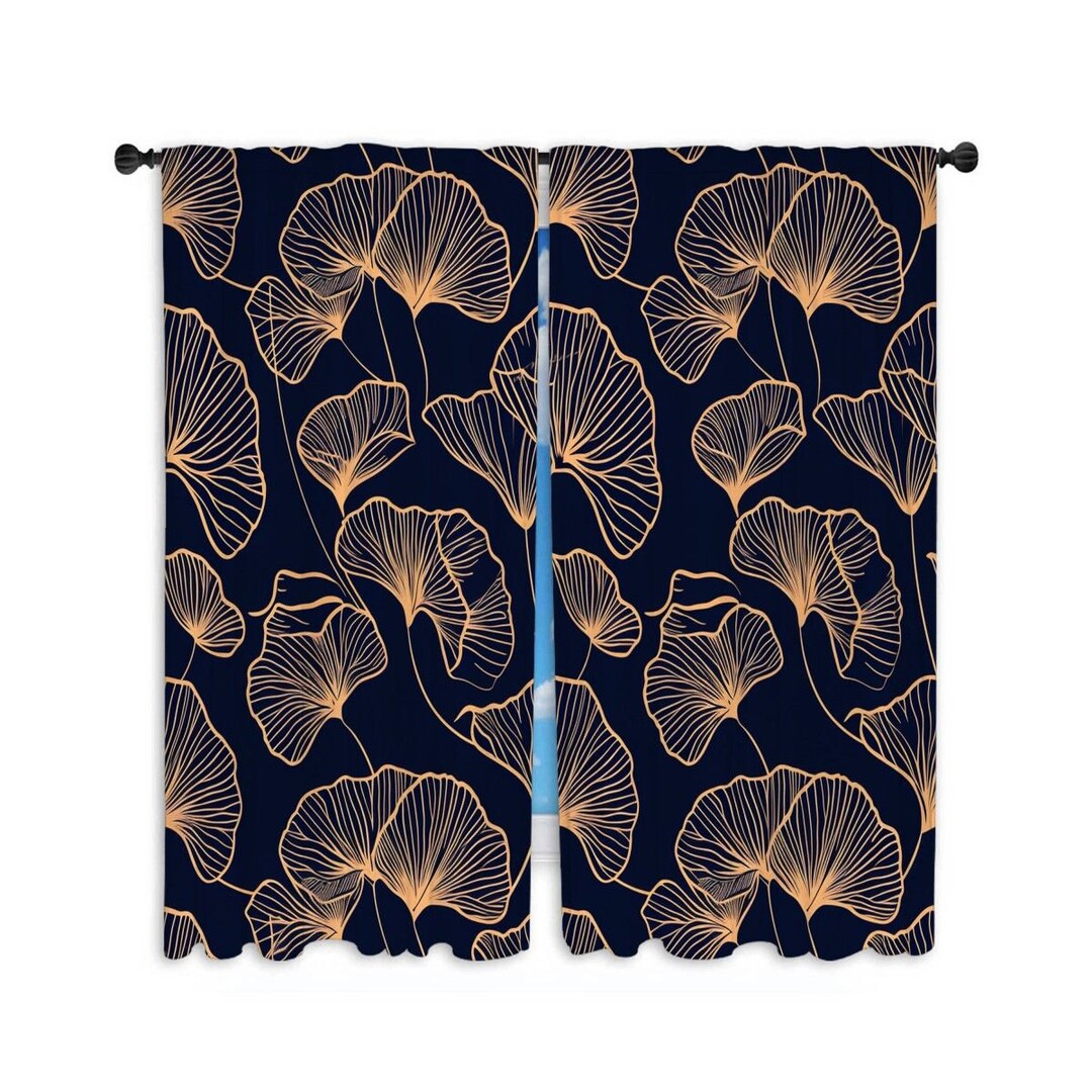 Gingko Window Curtains Gingko Leaves Pattern Curtains Navy Blue Drapes ...