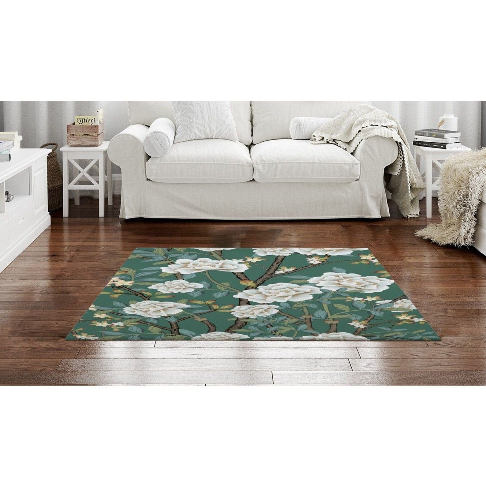 Emerald Green Rugs Floral Rug Emerald Green Chinoiserie Area | Etsy