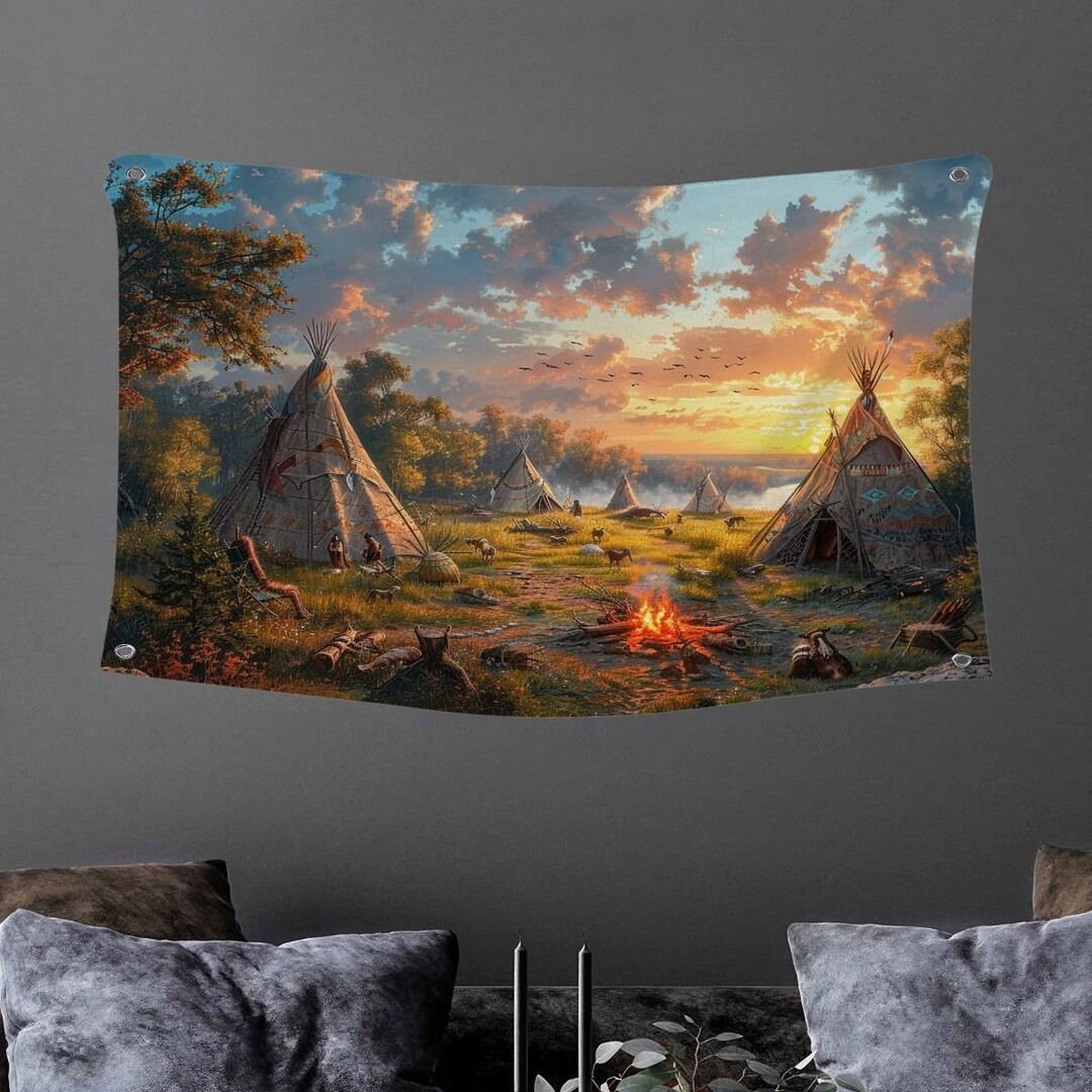 Native Camp Wall Art, Historical Wall Decor, Sunset Scenery Tapestry ...