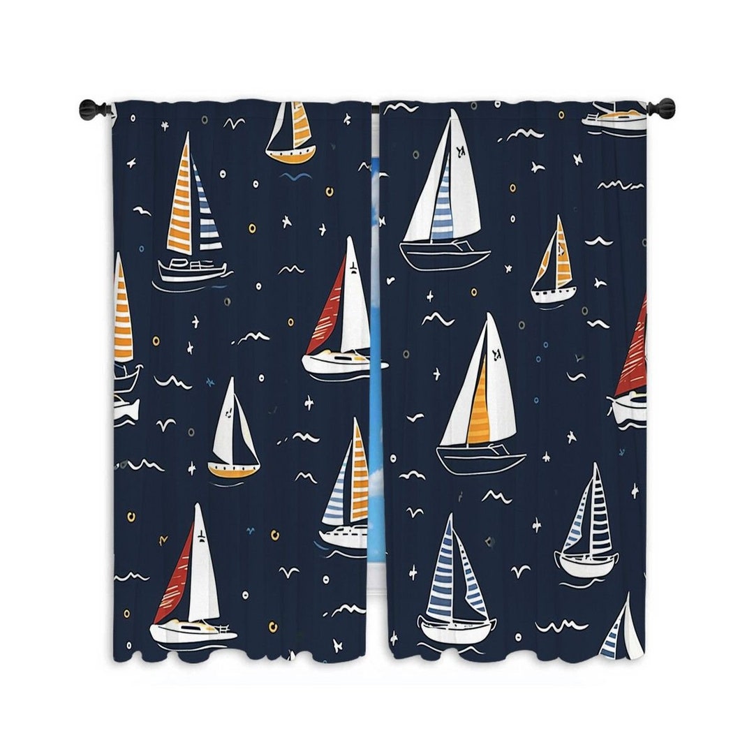 Sailboat Window Curtains Boats on Dark Blue Curtains Navy White and Red ...