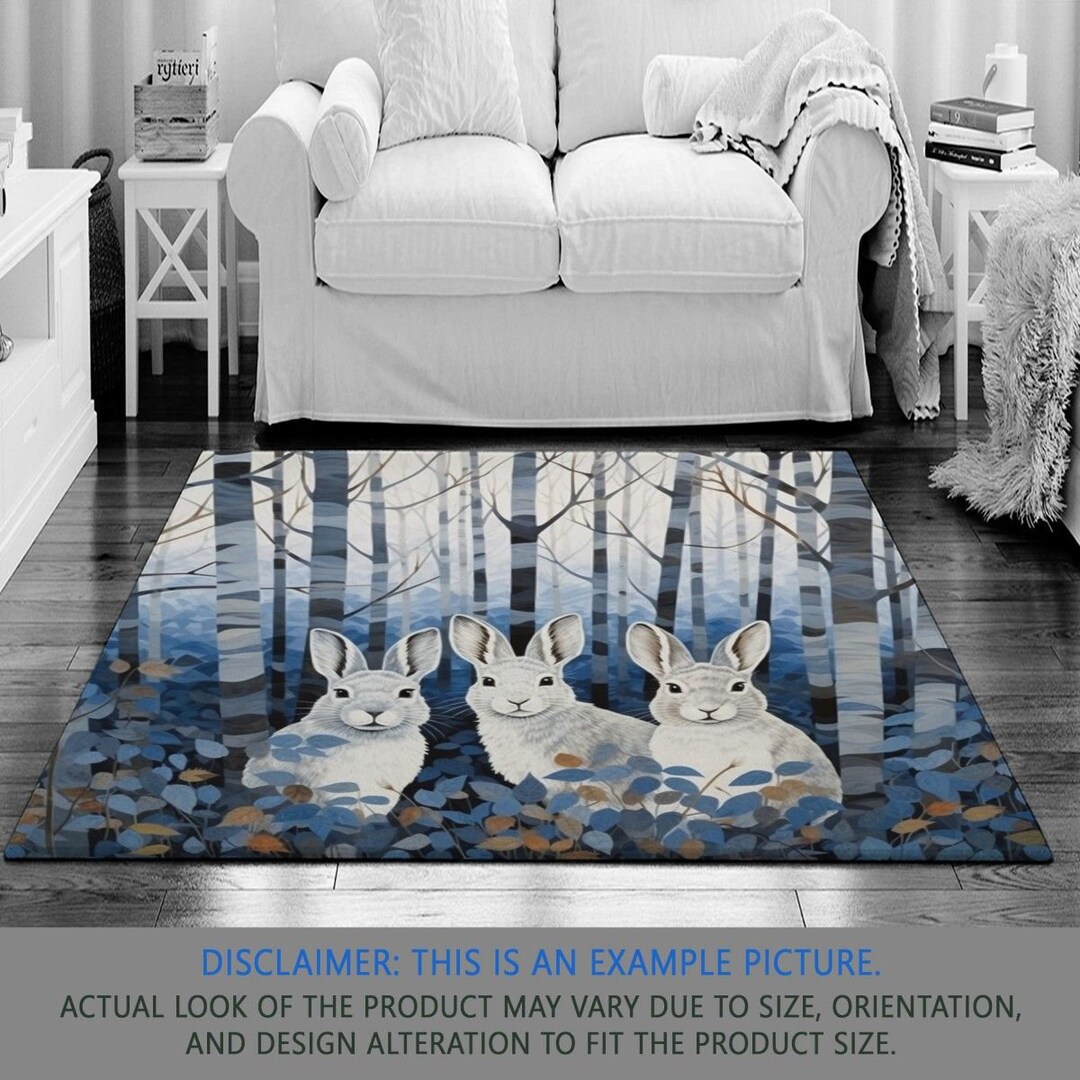 Bunny Rug, Rabbit Rugs, Blue and White Area Rug, Forest Living Room ...