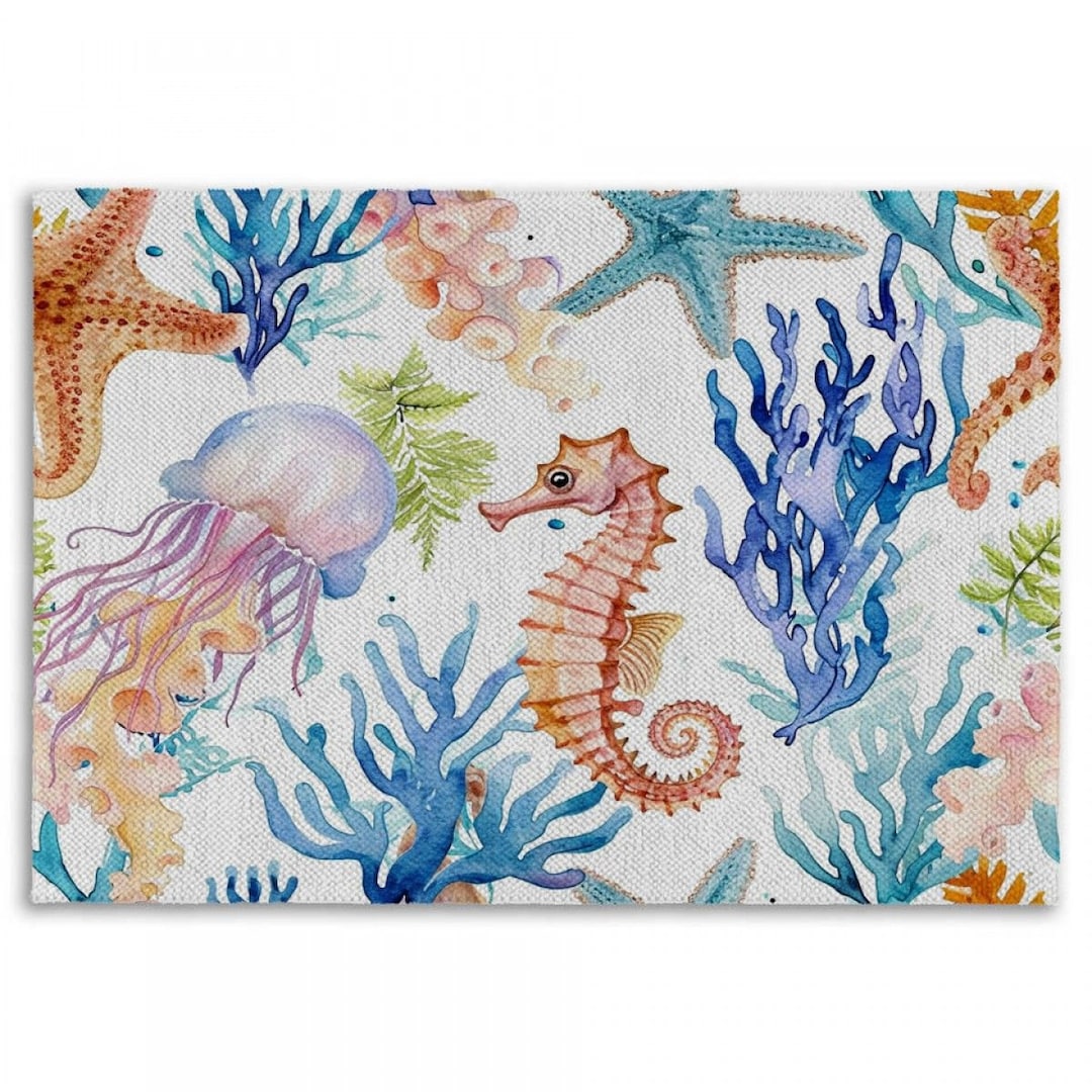 Seahorse Rugs Seahorses and Corals Area Rug Blue Orange and White Area ...