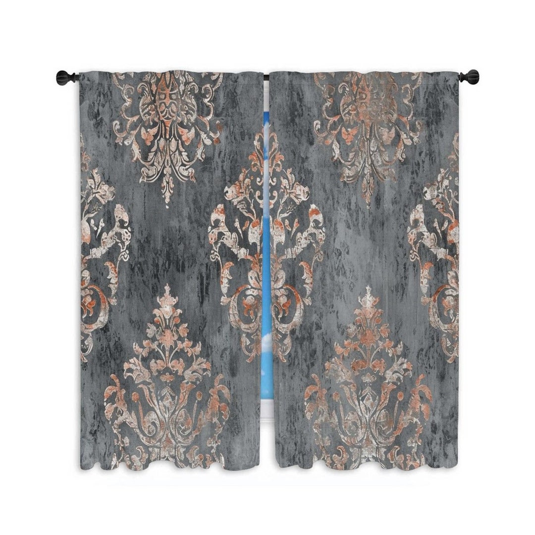 Vintage Gray Damask Curtains: Distressed Print Victorian Drapes - Etsy