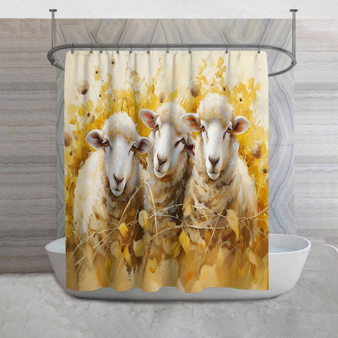 Sheep Shower Curtain, Animal Bathroom Decor, Country Bath Mat, Gentle ...