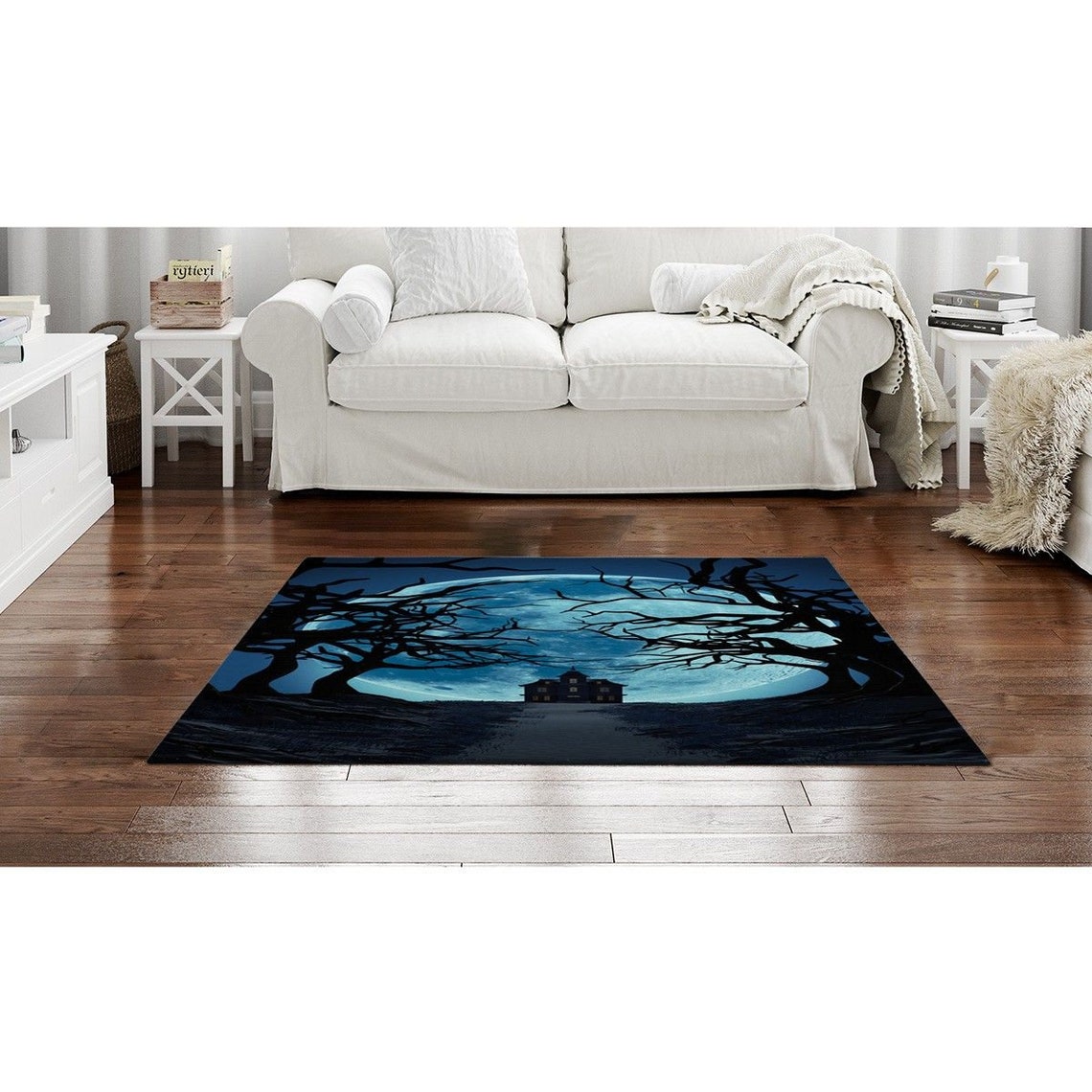 Haunted House Rugs Scary House and Dark Trees Area Rug Blue | Etsy