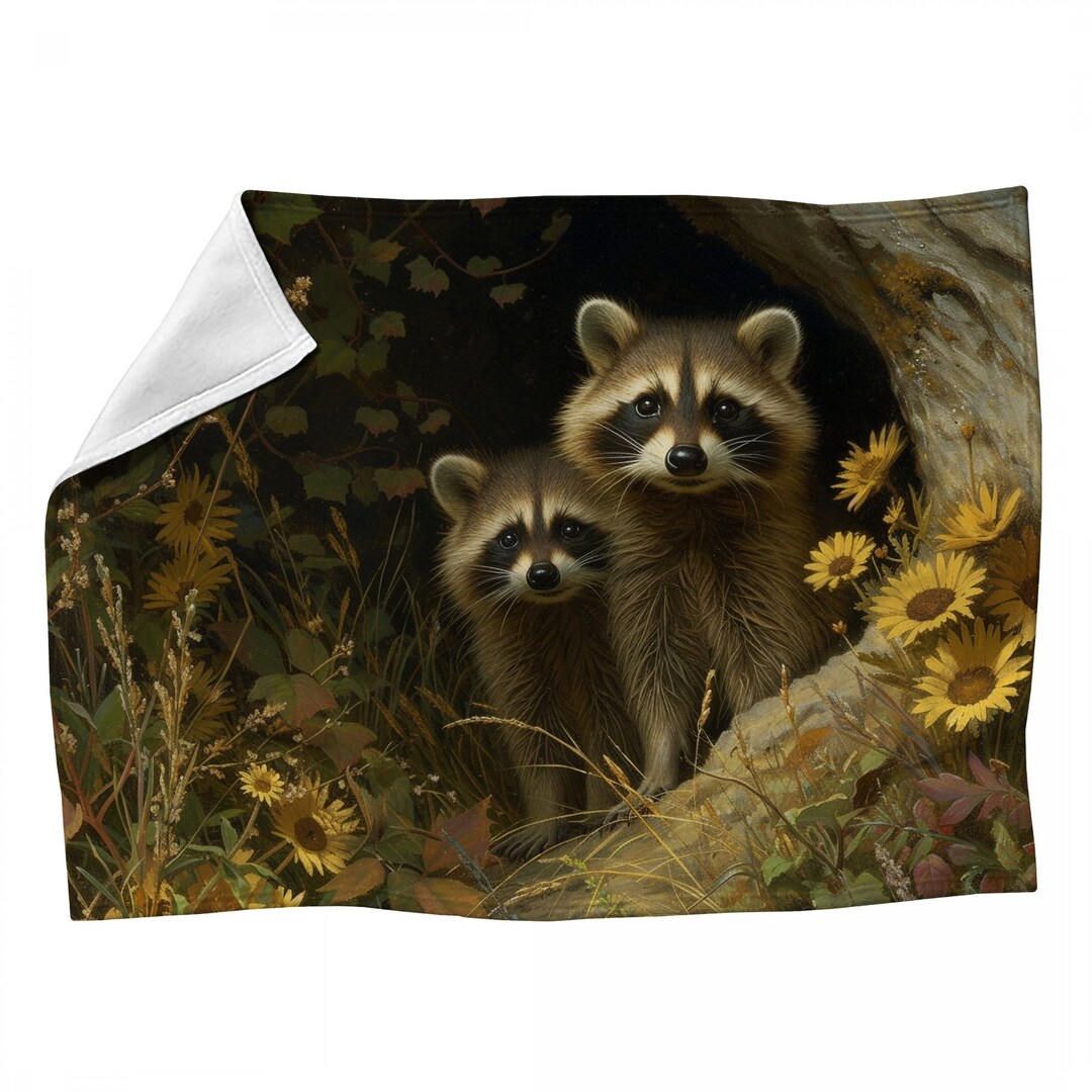 Raccoons Blanket, Wildlife Blankets, Rustic Sherpa Blanket, Natural ...