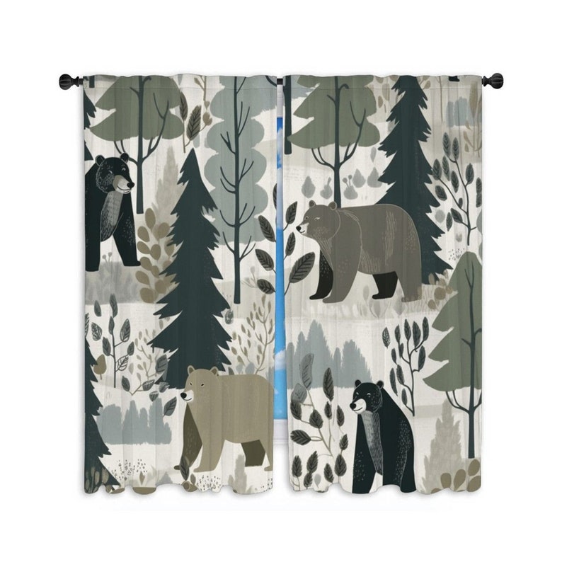 Window Curtain Panel: Grizzly Bear Design - Forest and Wildlife Theme ...