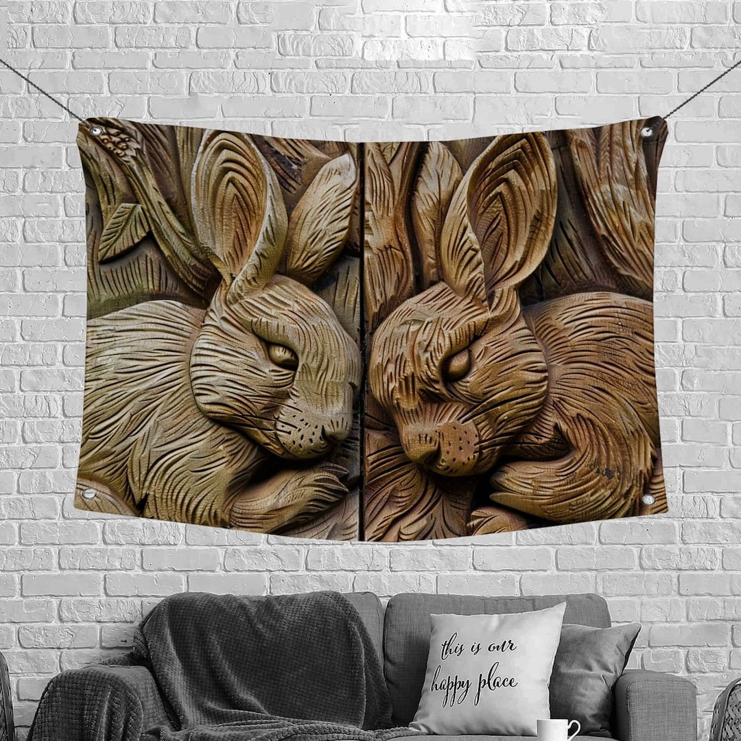 Rabbits Wall Art, Animal Sculpture Wall Decor, Cuddly Tapestry, Carved ...