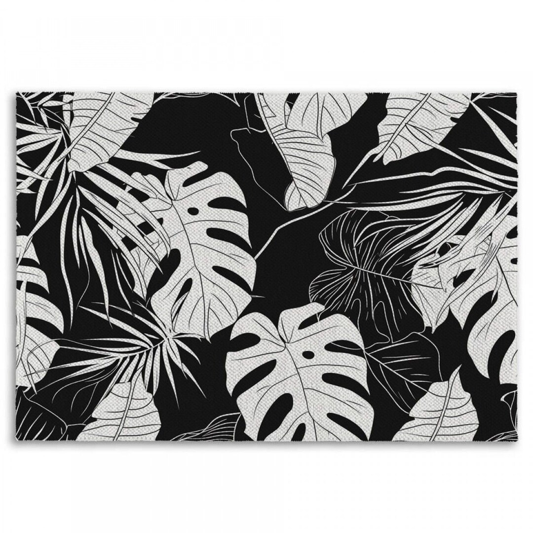 Black and White Tropical Leaf Area Rug: Modern Monochrome Decor - Etsy