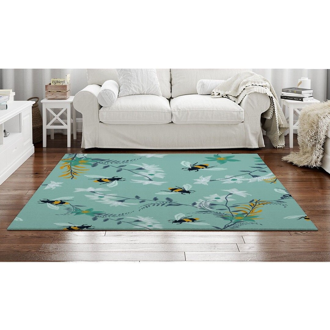 Insect Rugs Bee Area Rug Bee Rug Floral Accent Rug Blue Floral Rug Aqua ...