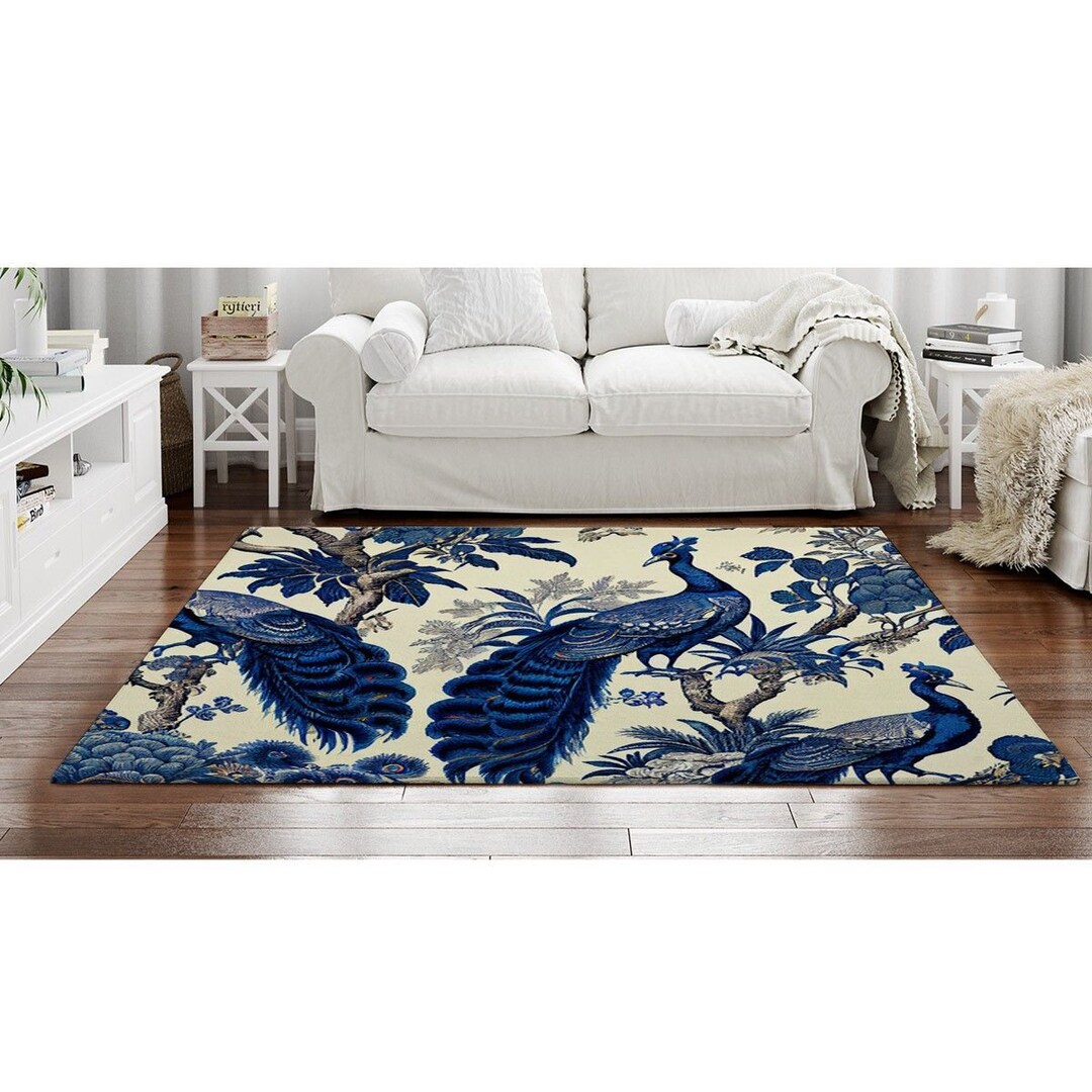 Peacock Rugs Birds on Trees Area Rugs Blue Toile Floor Mats Oriental ...
