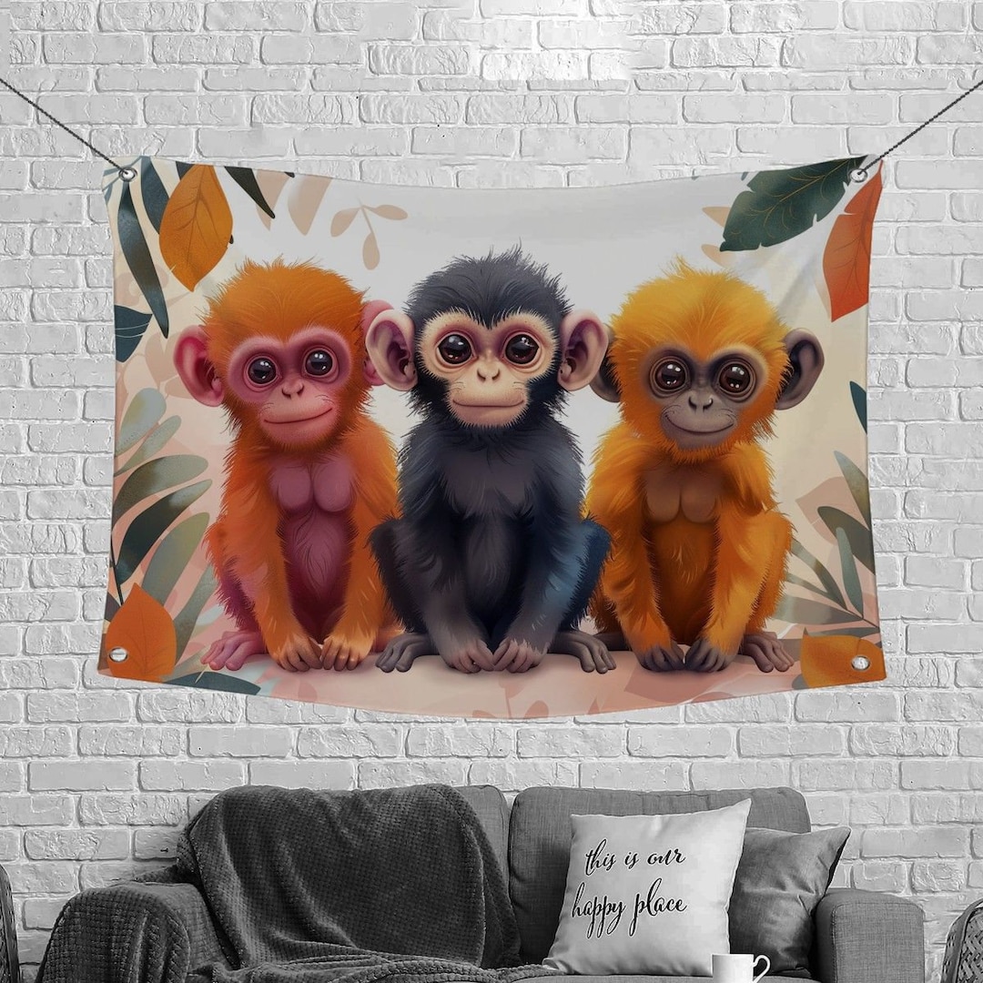 Monkey Trio Wall Art, Animal Wall Decor, Playful Mood Tapestry, Artwork ...