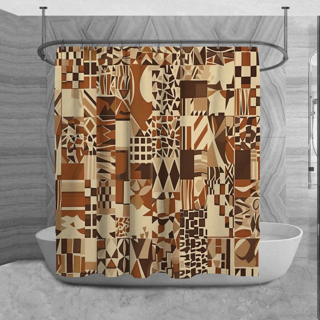 Abstract Shower Curtain, Cool Patterns Bathroom Decor, Cubism Bath Mat ...